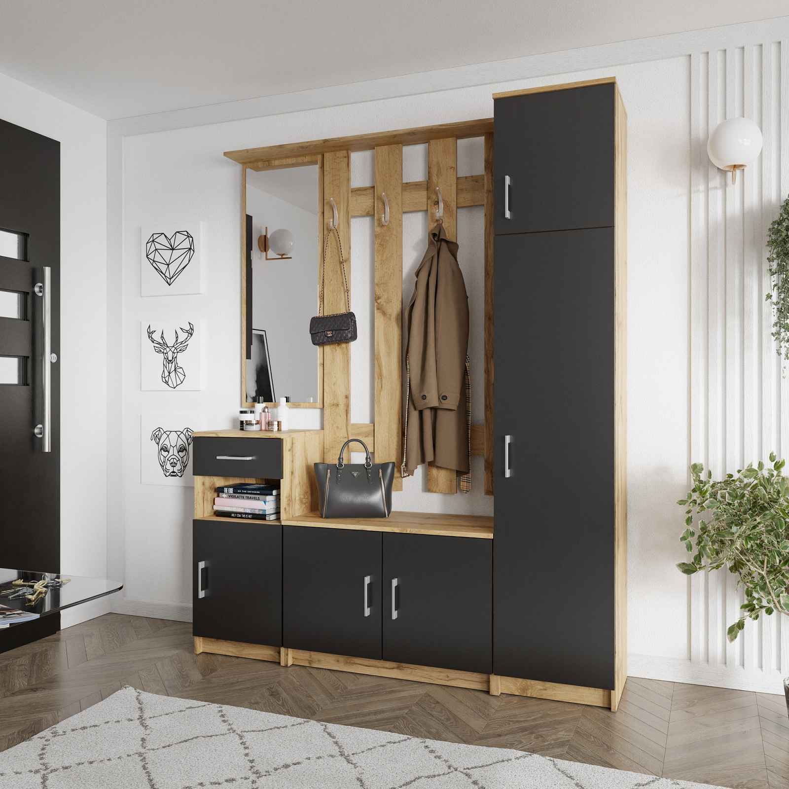 Předsíňová stěna NEJBY MARIANA, dub wotan/černá | Viame.cz