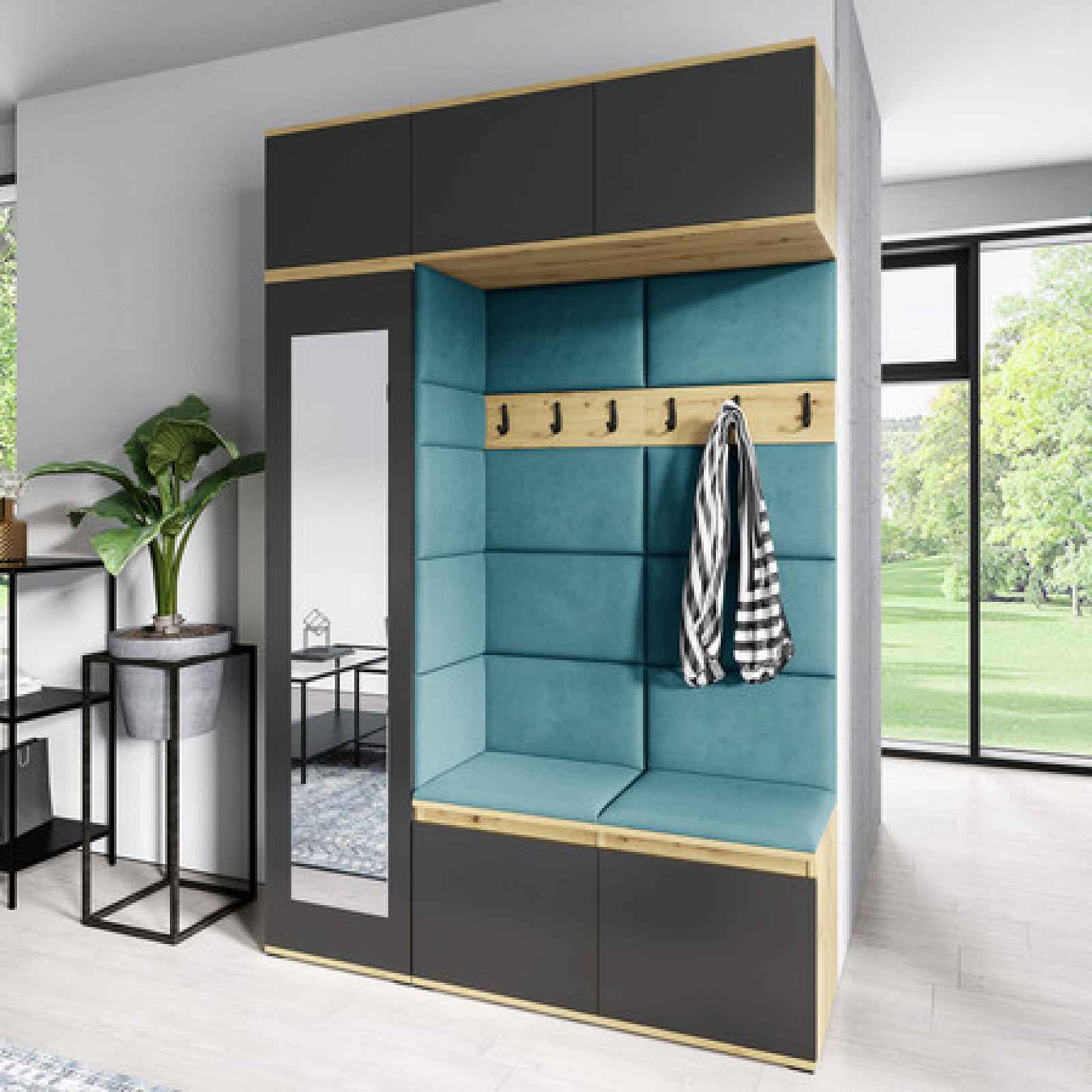 Předsíňová stěna EMI 21 Azurová Dub artisan/černá | Viame.cz