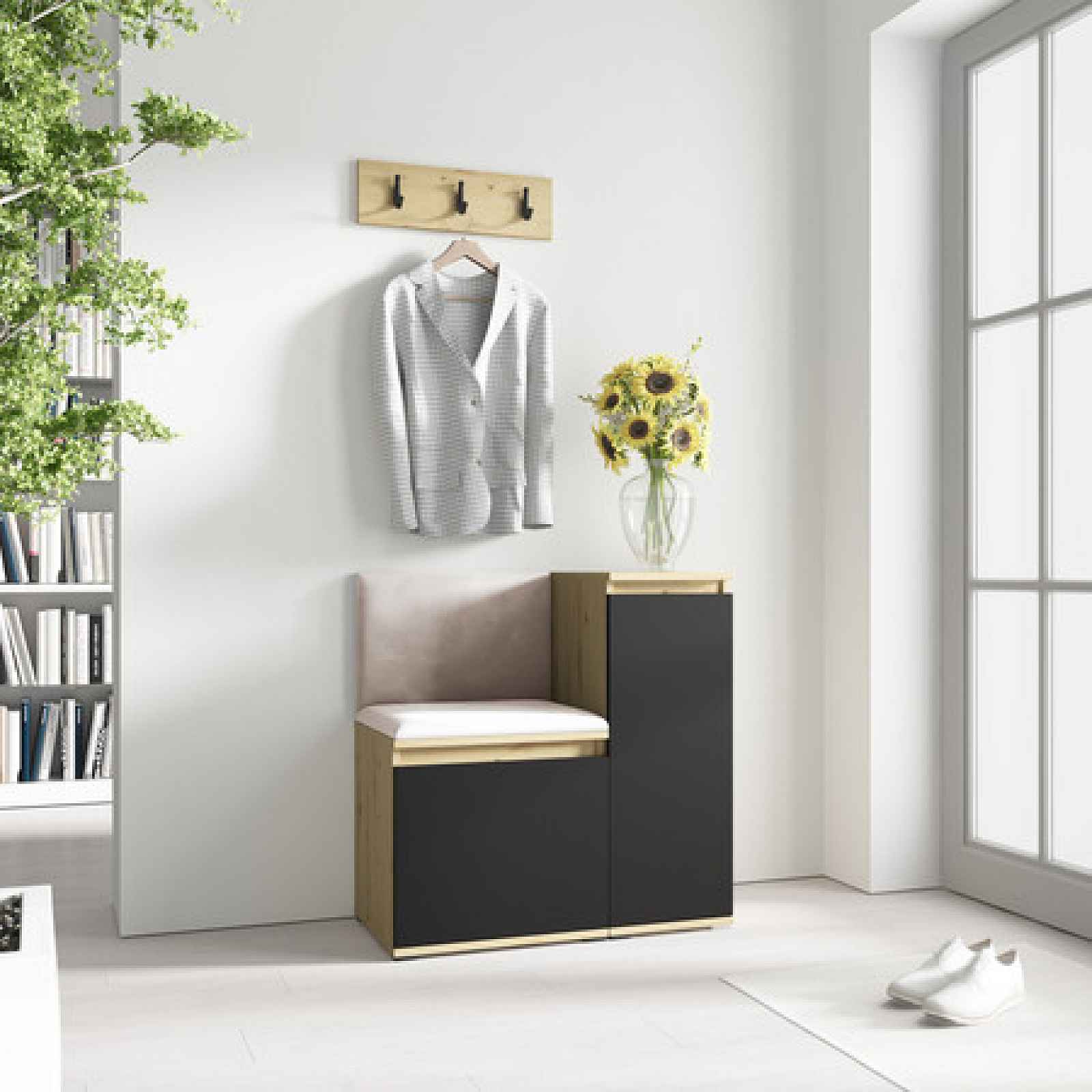 Předsíňová stěna EMI 30 Světle béžová Dub artisan/černá | Viame.cz