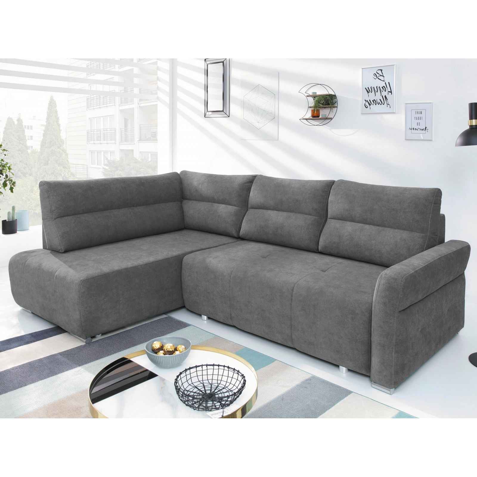 Rohová sedačka na trvalé spaní Island, myší šedá látka, levý roh | Viame.cz