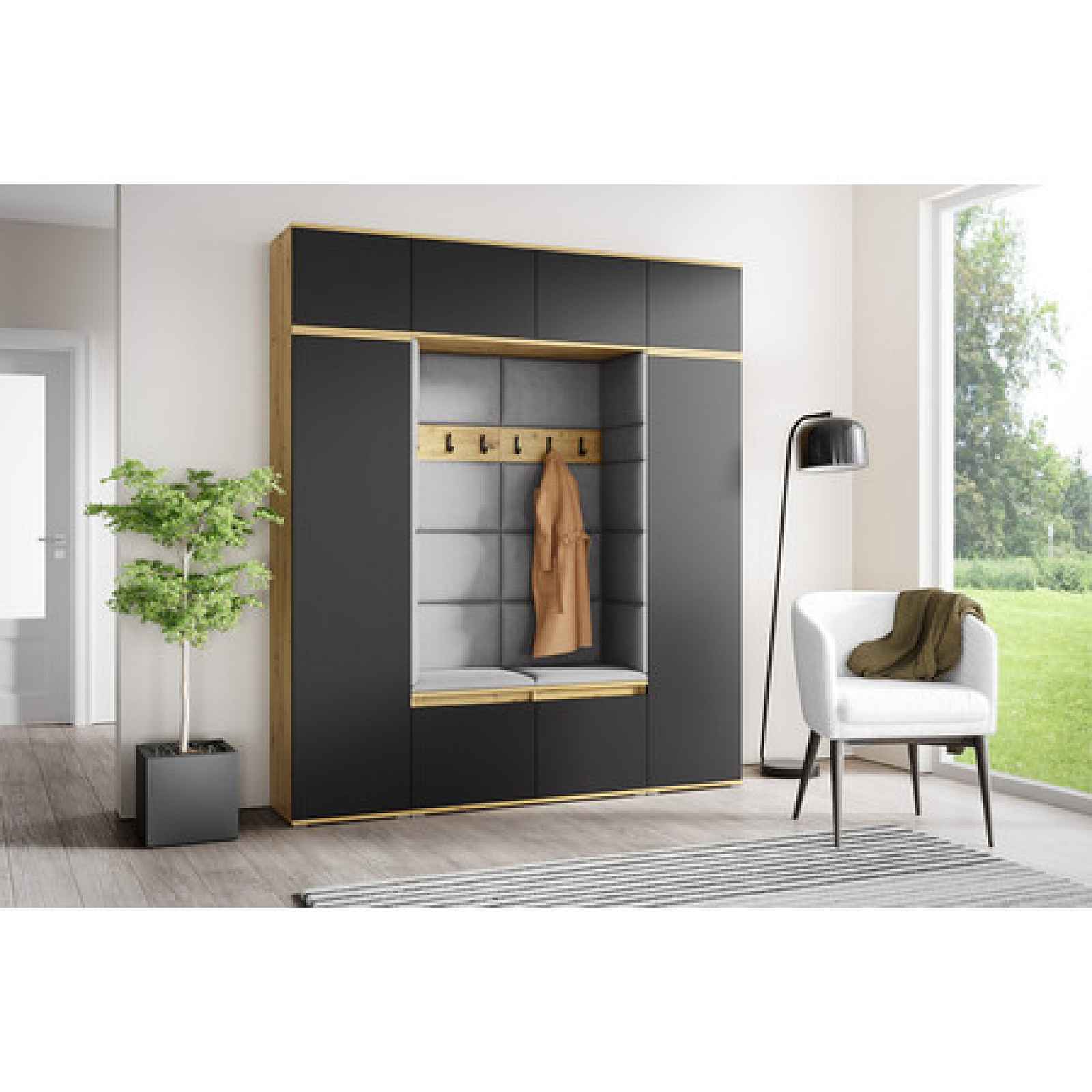 Předsíňová stěna AMI 32 Bez zrcadla Dub artisan + černá Šedá II | Viame.cz