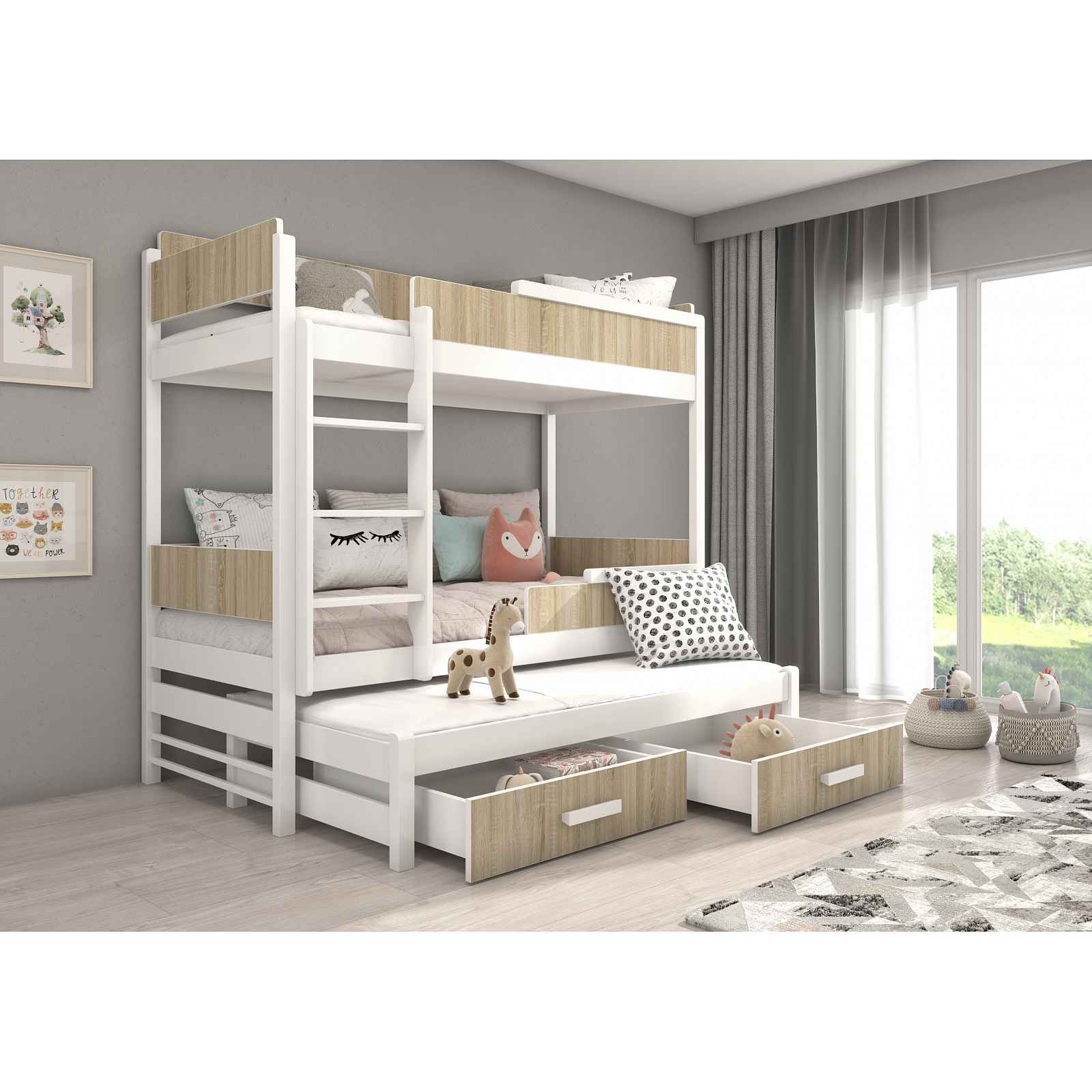 Patrová postel pro 3 děti Krosno, 200x90cm, bílá/dub HELCEL | Viame.cz