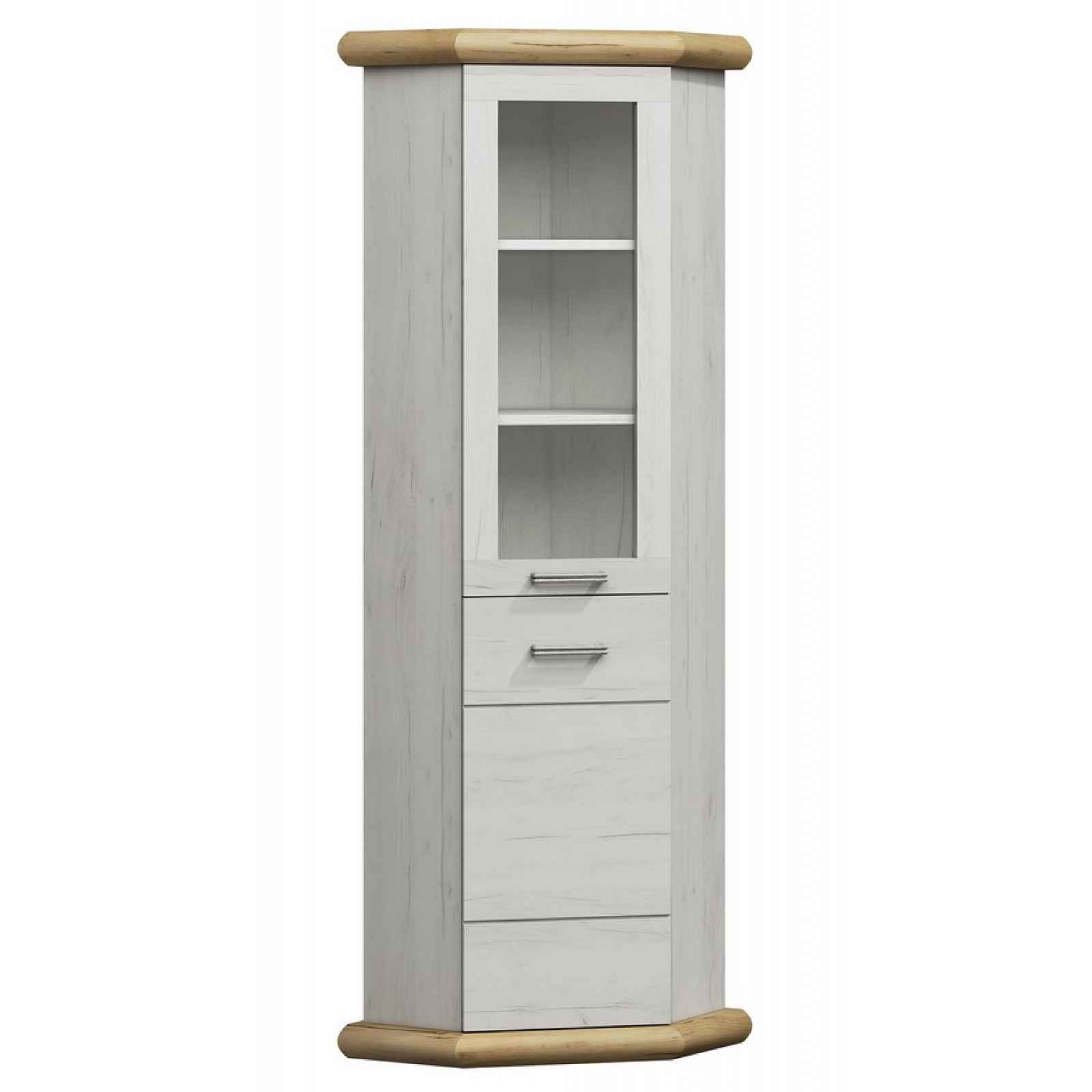 Rohová vitrína GIROLAMO, dub divoký/jasan bílý | Viame.cz