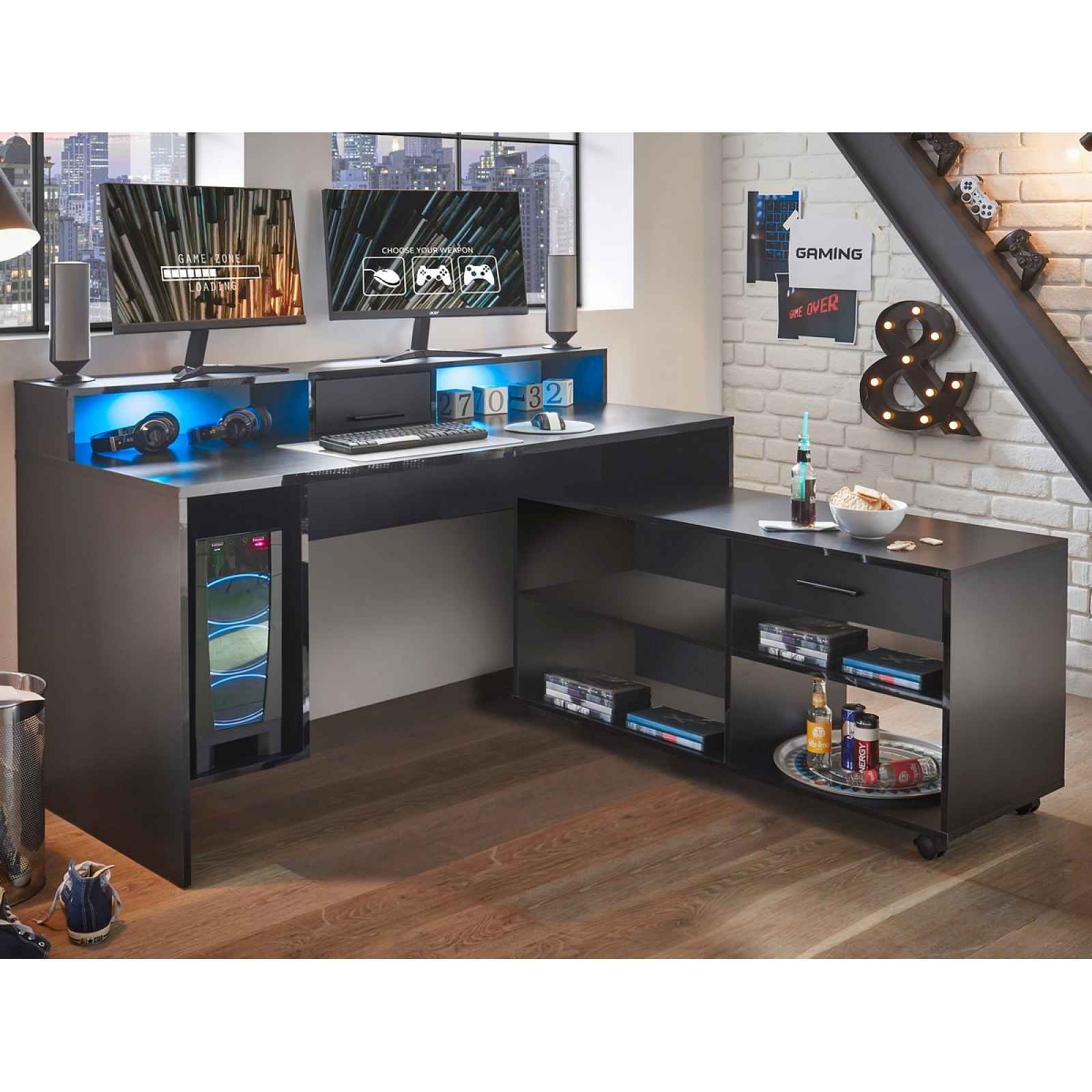PC stůl s regálem a osvětlením Highscore 3, černý | Viame.cz